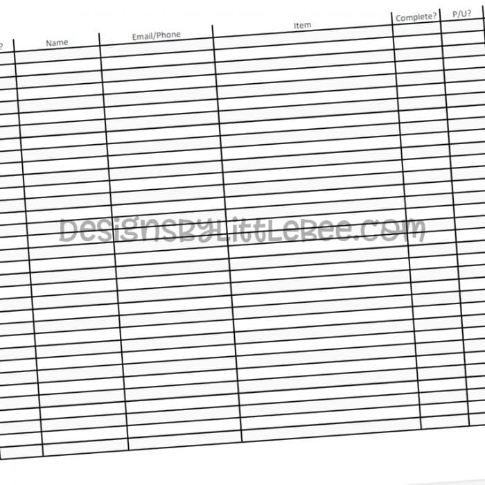 Sample Order Spreadsheet - Designs by Little Bee
