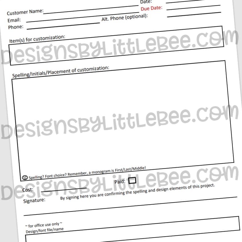 Blank Customization Form - Designs by Little Bee